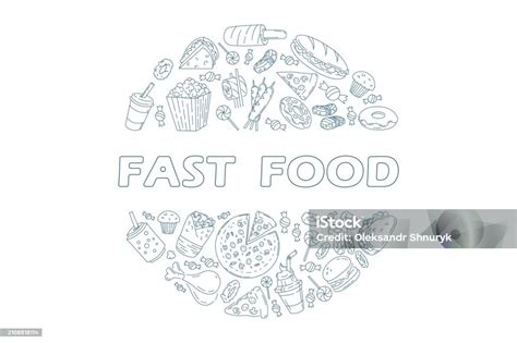 패스트 푸드 라인 아이콘 세트 흰색에 낙서 메뉴 또는 식품 패키지 디자인 벡터 일러스트 레이 션입니다 편집 가능한 스트록 건강에 좋지 않은 음식에 대한 스톡 벡터 아트 및