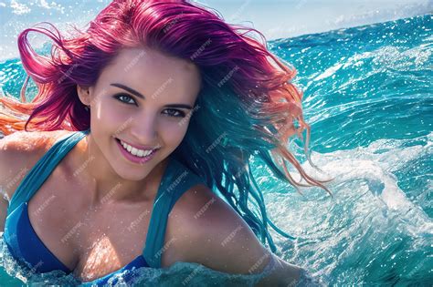Una Joven Y Hermosa Niña Sonriente Con Un Traje De Baño Azul Y El Pelo