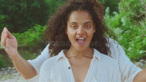 Young Caucasian Man Closed Eyes Own Indian Girlfriend To Making