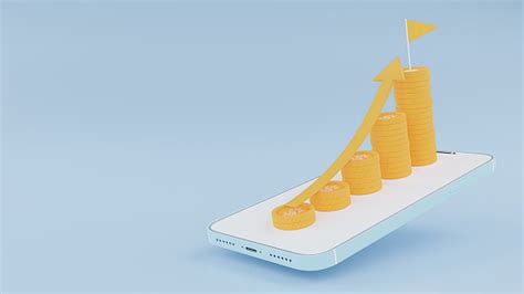 스마트 폰에서 황금 동전과 금 화살표 스택의 3d 렌더링 재무 성장 사업 성공 비즈니스 금융 성장 통계 거래 최소한의 만화 가상