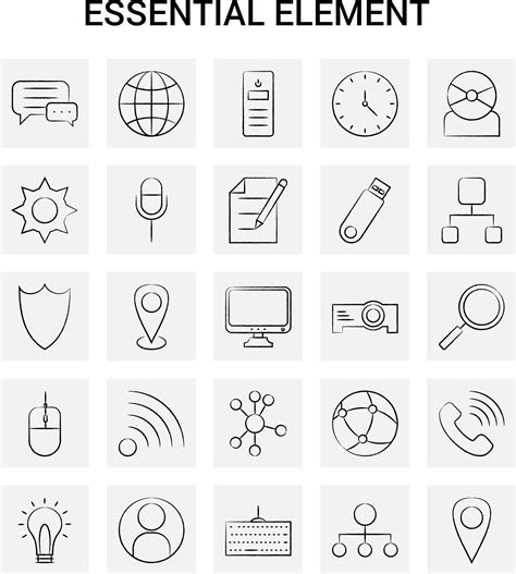 25 Hand Drawn Essential Element Icon Set Gray Background Vector Doodle