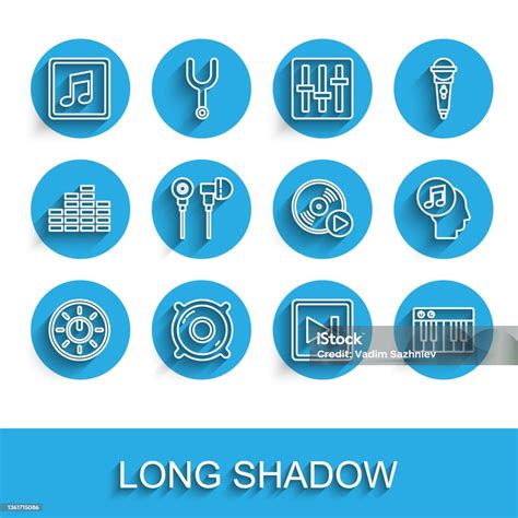 세트 라인 다이얼 노브 레벨 기술 설정 스테레오 스피커 음악 노트 톤 빠른 앞으로 신디사이저 에어 헤드폰 뮤지컬 인간 및 비닐 디스크 아이콘 벡터 그림자에 대한 스톡 벡터