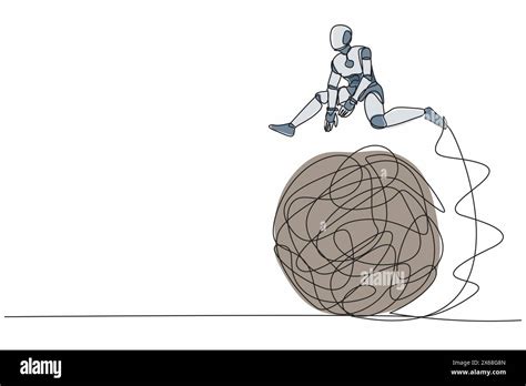 Single One Line Drawing Robot Jumping Over Tangled Scribble Overcoming