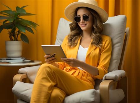 Premium Photo Woman Sitting On A Beach Chair While Using Her Smart Phone