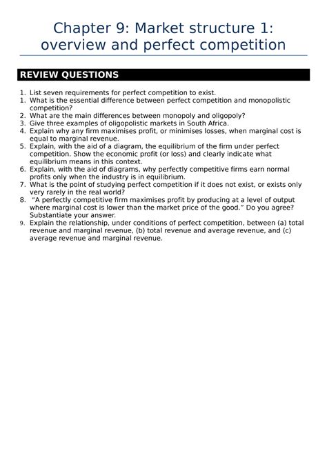Review Questions chap9 - Chapter 9: Market structure 1: overview and perfect competition REVIEW ...