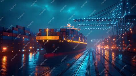 Docked Cargo Ship At A Container Terminal With Rows Of Illuminated