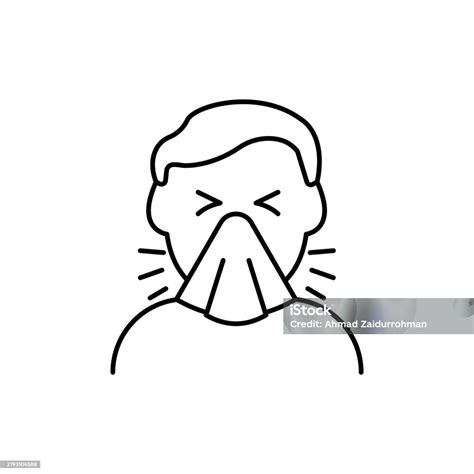재채기 남자 선 아이콘 독감 또는 감기 증상의 벡터 픽토그램 냅킨 그림으로 기침을 덮는 남자 의료 포스터에 대 한 서명 가리기에 대한 스톡 벡터 아트 및 기타 이미지