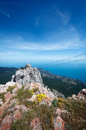 얄 타 시 소나무 숲 아 유dag 산 및 Ai페 트리 플라톤 크리미아 얄 타 지역의 상단에서 흑해의 보기 0명에 대한 스톡 사진