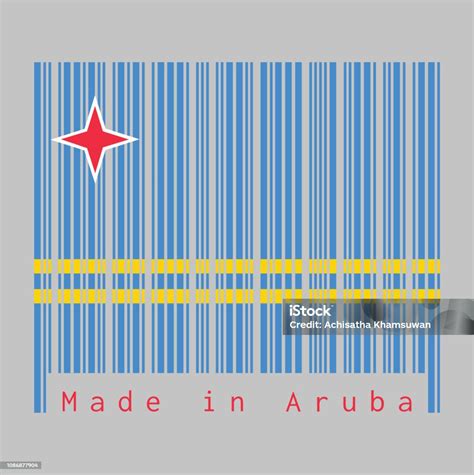 바코드 설정 아루바 국기의 색 하늘색 및 2 좁은 병렬 가로 노란색 줄무늬와 빨간색 별 Aruba Flag에 대한 스톡 벡터