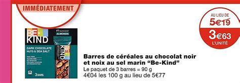Promo Barres De Céréales Au Chocolat Noir Et Noix Au Sel Marin be kind