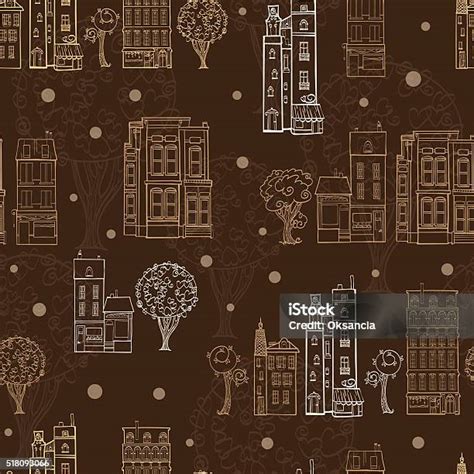 벡터 초콜릿 브라운의 마을의 주택 나무 거리 그림이요 이음새 없는 패턴 갈색에 대한 스톡 벡터 아트 및 기타 이미지 갈색 개성 개념 거리 Istock
