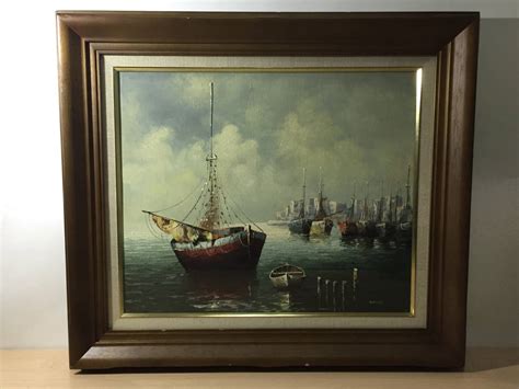 Yahoo オークション 作品極美品 港 ハーバー 船 舟 F8 油彩 油絵 額