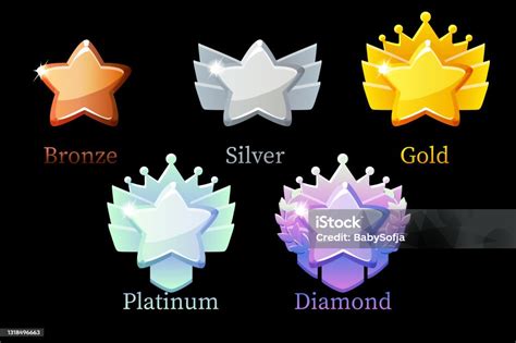 게임 랭크 리워드 스타 골드 실버 플래티넘 브론즈 다이아몬드 아이콘 6단계 게임 애니메이션 금 금속에 대한 스톡 벡터 아트 및