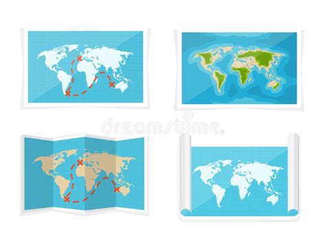 Folded World Maps In A Flat Style Simplified Paper Map With Shadow
