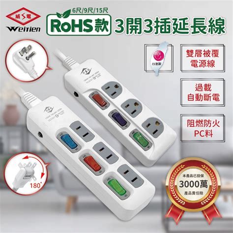 台灣製造~微笑標章認證【威電牌 Rohs款3開3插延長線】4尺 6尺 9尺 15尺 21尺 3p 2p插座 蝦皮購物