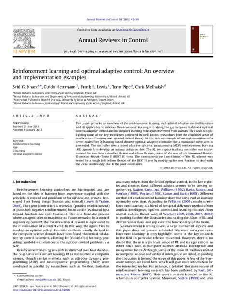 Pdf Reinforcement Learning And Optimal Adaptive Control An Overview And Implementation Examples