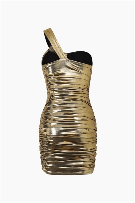2024 Metallic One Shoulder Ruched Bodycon Mini Dress Gold M In Mini