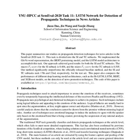 YNU HPCC At SemEval 2020 Task 11 LSTM Network For Detection Of Propaganda Techniques In News