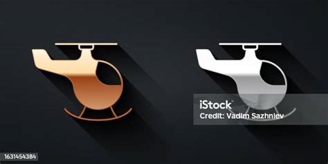 금색과 은색 헬리콥터 항공기 차량 아이콘은 검은색 배경에 분리되어 있습니다 긴 그림자 스타일 벡터 금 금속에 대한 스톡 벡터 아트 및 기타 이미지 Istock