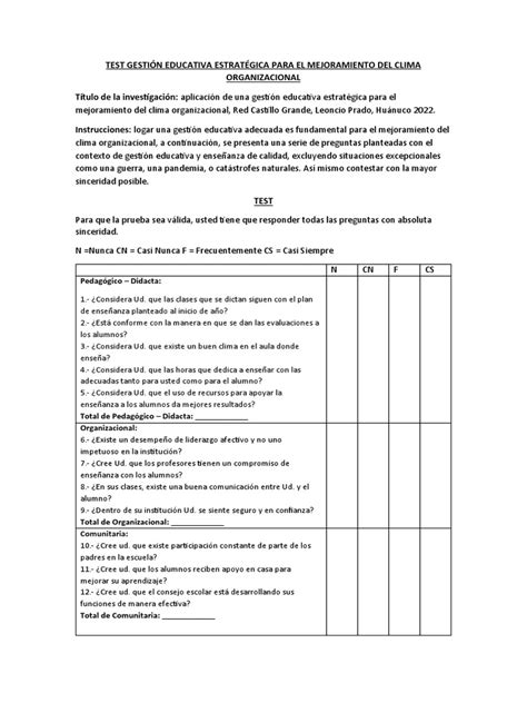 Test Gestión Educativa Estratégica Para El Mejoramiento Del Clima