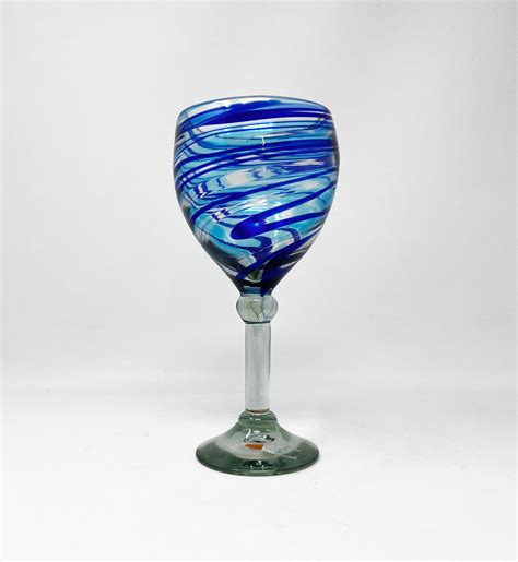 Hand Blown Wine Glass Blue Turquoise Swirl Blue Dorado Design