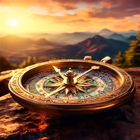 Antique Compass On Rocky Surface At Sunset With Scenic Mountain