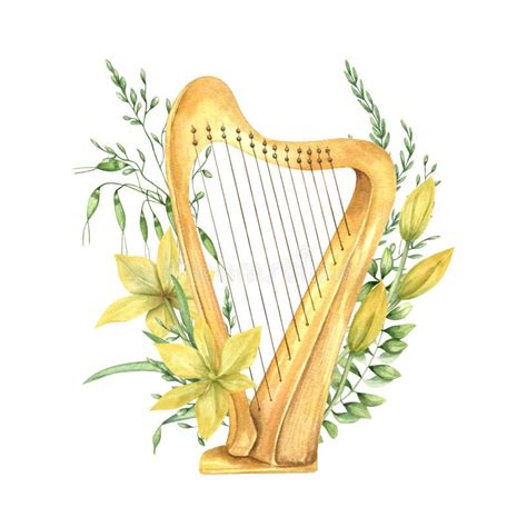 Watercolor Classical Wooden Musical String Harp Intertwined With Yellow Tulips And Spring