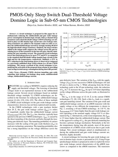 Pdf Pmos Only Sleep Switch Dual Threshold Voltage Domino Logic In Sub 65 Nm Cmos Technologies