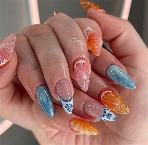 Almond Clase Azul Press On Nails 3D Orange Nail Art Almond Press Ons