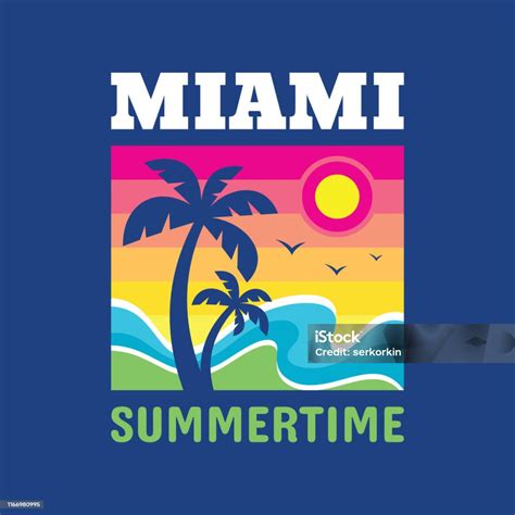 마이애미 여름 티셔츠 배지 디자인 빈티지 스타일의 엠블럼 여름 태양 야자수 바다 파도 벡터 그림입니다 플로리다 미국에 대한 스톡 벡터 아트 및 기타 이미지 Istock