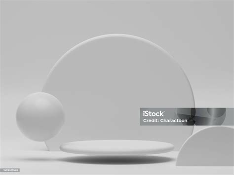 3d 렌더링은 빈 배경에 최소한의 흰색 원형 제품 연단 쇼케이스 디스플레이를 표시합니다 떠 있는 공과 원형 패널 배경 모형 그림 3차원 형태에 대한 스톡 사진 및 기타