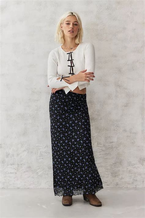 Uo Black Ditsy Floral Mesh Maxi Skirt Urban Outfitters Uk