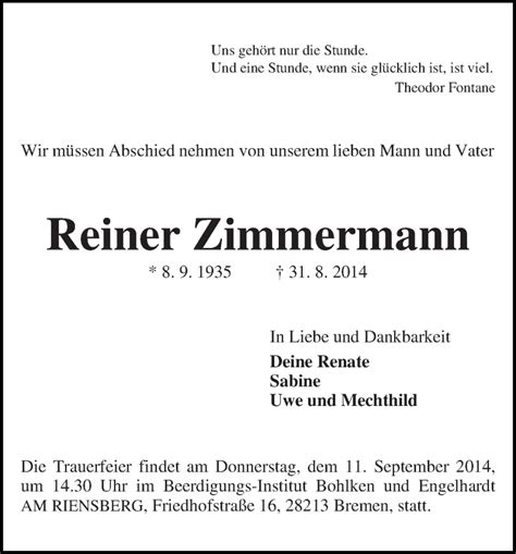 Traueranzeigen Von Reiner Zimmermann Trauer And Gedenken