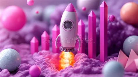 3d Rocket Launching With Business Growth Graph And Geometric Shapes