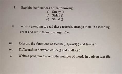 Solved i. Explain the functions of the following: a) Strcpy | Chegg.com
