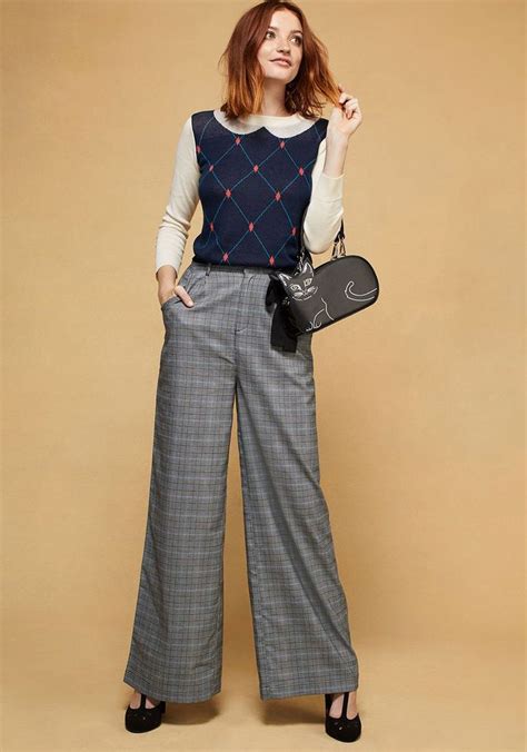High Waisted Wide Leg Trousers In Grey Plaid Plaid Pants Outfit Wide