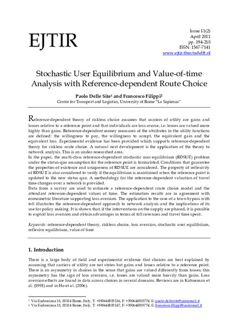 Pdf Stochastic User Equilibrium And Value Of Time Analysis With Reference Dependent Route Choice