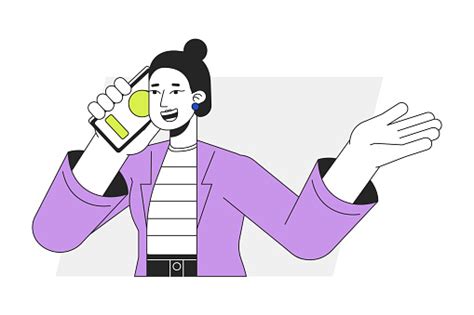 전화 통화를 통해 좋은 소식을 전하는 소녀 플랫 라인 벡터 스팟 일러스트레이션 2차 도형에 대한 스톡 벡터 아트 및 기타 이미지