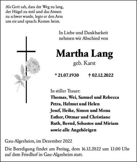 Traueranzeigen Von Martha Lang Vrm Trauer De