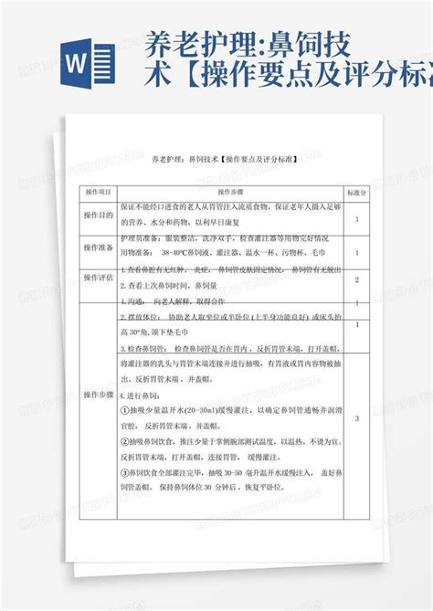 养老护理 鼻饲技术操作要点及评分标准Word模板下载 编号lzxrwgpz 熊猫办公