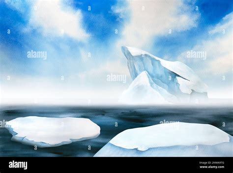 Watercolor Illustration Of North Sea Landscape Blue Sky Floating Ice