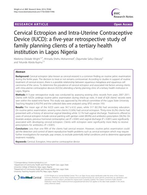 Pdf Cervical Ectropion And Intra Uterine Contraceptive Device Iucd