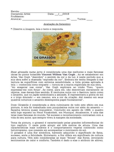 O documento descreve a obra Doze Girassóis numa Jarra do pintor Vincent Van Gogh O texto
