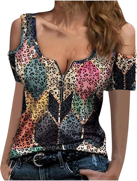 Reißverschluss V Ausschnitt Sexy T Shirt Damen Kurzarm Off Shoulder