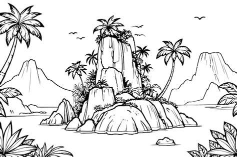 잃어버린 세계 비밀 섬 흑백 컬러링 프리미엄 벡터