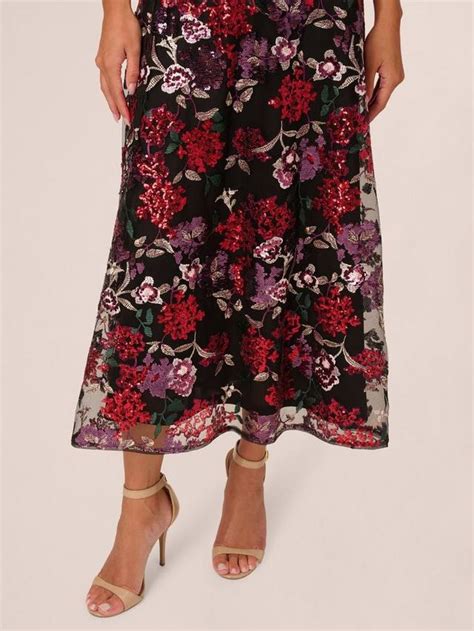 Adrianna Papell Floral Sequin Dress Blackmulti