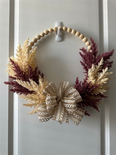 Pampas Grass Beaded Hoop Wreath Fall Wreath Burgundywine And Beige
