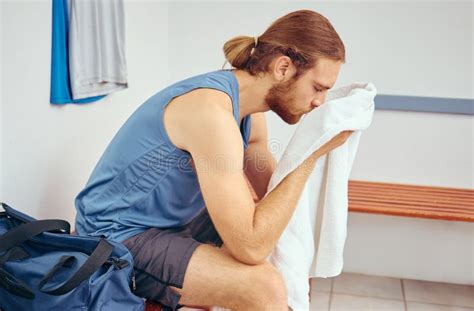 Locker Room Man And Wipe Of Sweat With Towel For Sports Training