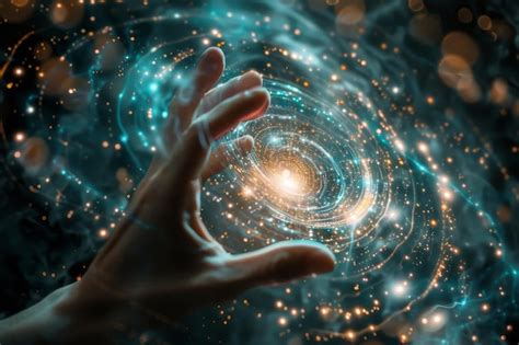 Premium Photo First Contact Hand Touching Spinning Vortex Of Light