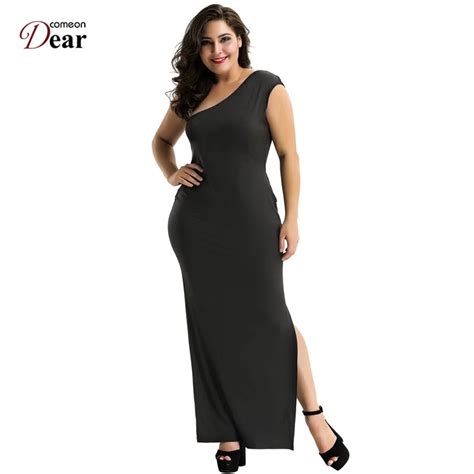 Comeondear Summer Ankle Length Formal Dress Solid One Shoulder Plus